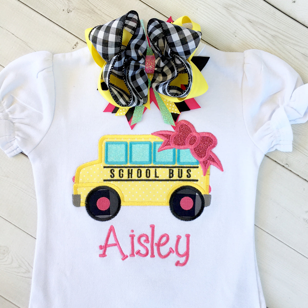 Little Miss Back To School Embroidered Bus Ruffle Short Set – My ...